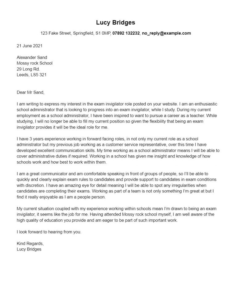 Exam Invigilator Cover letter – Think Teaching